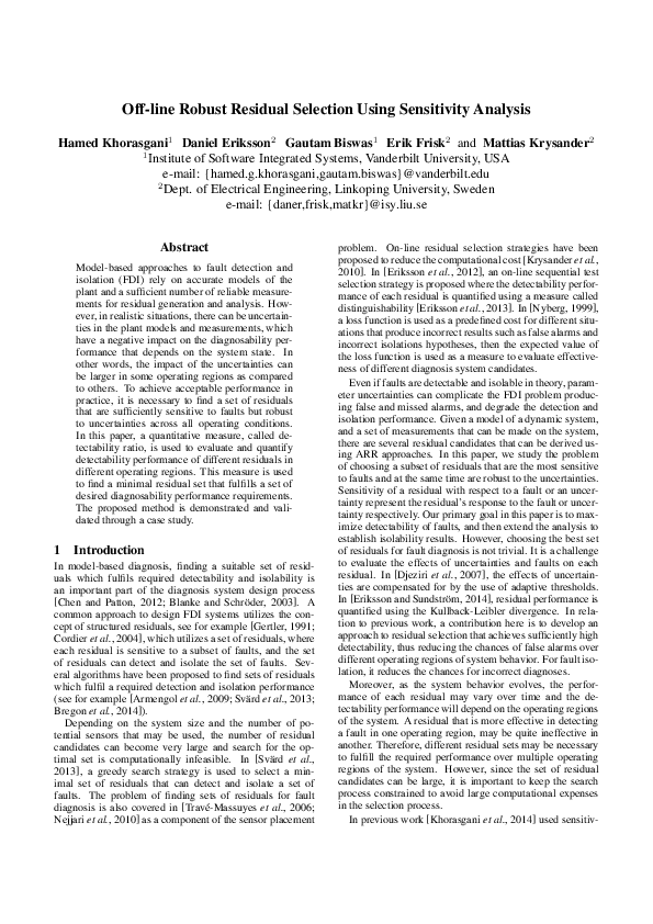 (PDF) Off-line Robust Residual Selection Using Sensitivity Analysis