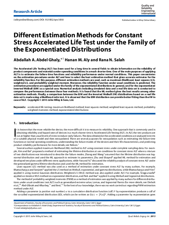 Pdf Different Estimation Methods For Constant Stress Accelerated Life