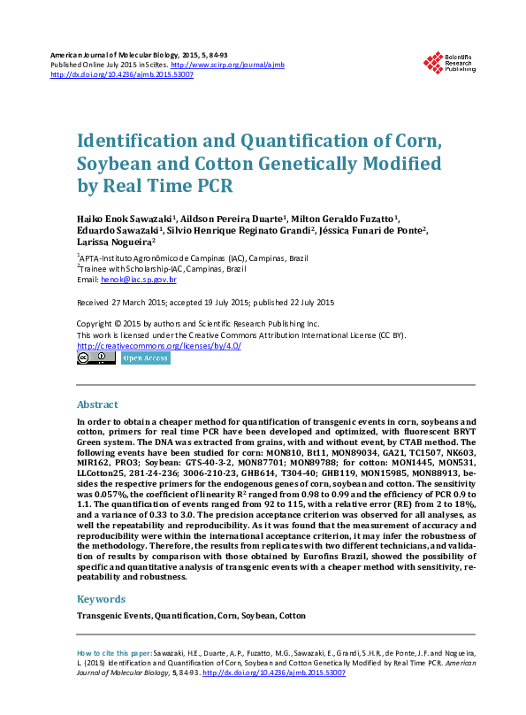 (PDF) Identification and Quantification of Corn, Soybean and Cotton Genetically Modified by Real ...