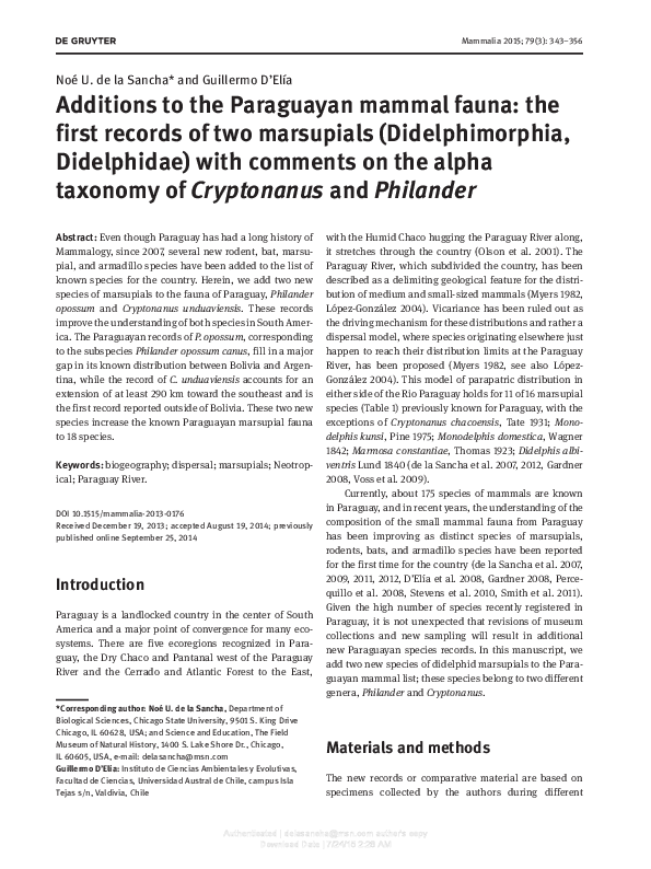(PDF) Additions to the Paraguayan mammal fauna: the first records of ...