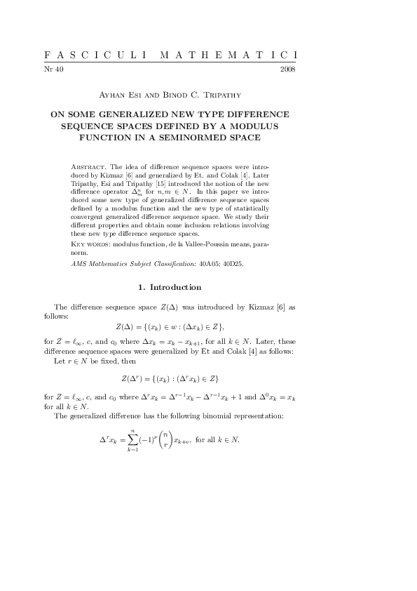 Pdf On Some Generalized New Type Difference Sequence Spaces Defined By A Modulus Function In A
