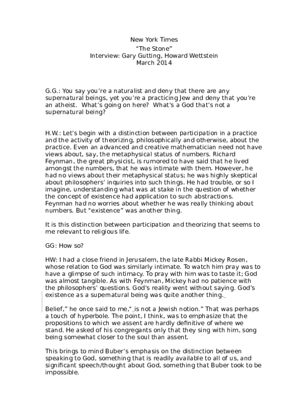 (DOC) NY Times Interview: The Stone; My Religious Outlook