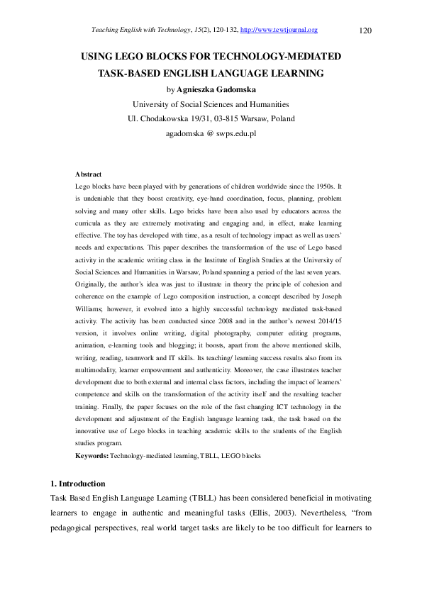 (PDF) USING LEGO BLOCKS FOR TECHNOLOGY-MEDIATED TASK-BASED ENGLISH LANGUAGE LEARNING