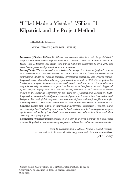 "I had made a mistake": William H. Kilpatrick and the project method (2012)