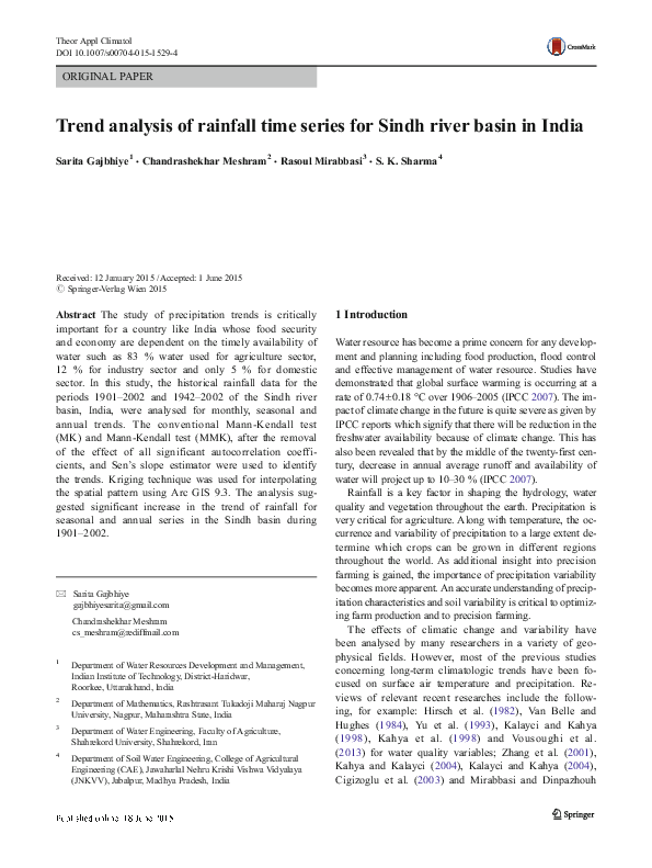 (PDF) Trend analysis of rainfall time series for Sindh river basin in India