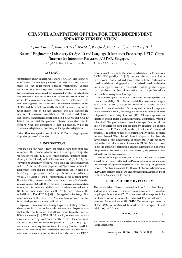 (PDF) CHANNEL ADAPTATION OF PLDA FOR TEXT-INDEPENDENT SPEAKER VERIFICATION