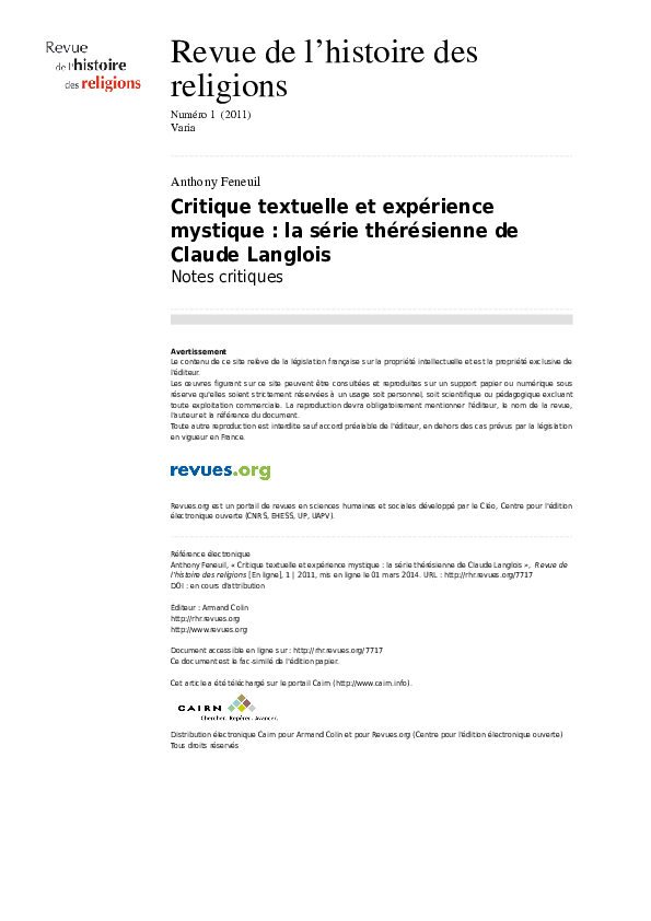 (PDF) Critique textuelle et expérience mystique: la série thérésienne ...
