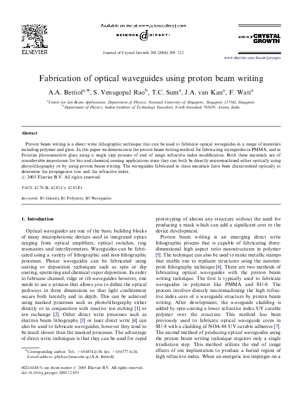 (PDF) Fabrication of optical waveguides using proton beam writing