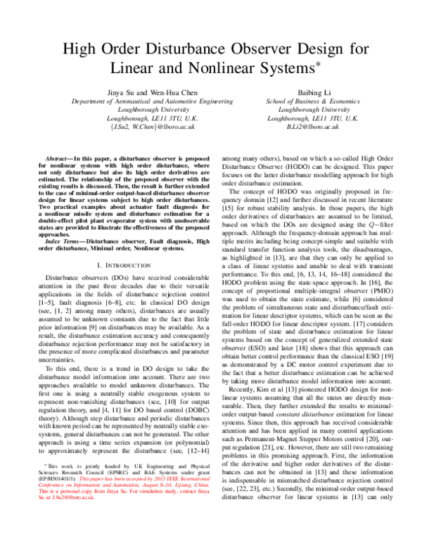 (PDF) High Order Disturbance Observer Design for Linear and Nonlinear Systems