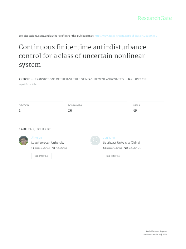 Pdf Continuous Finite Time Anti Disturbance Control For A Class Of Uncertain Nonlinear System