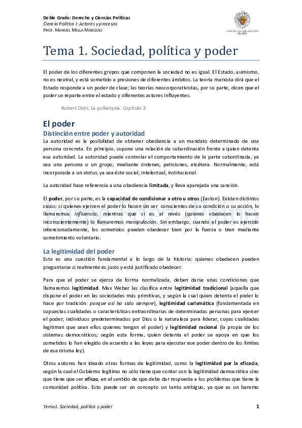(PDF) Tema 1. Sociedad, polı́ica y poder El poder Distinción entre ...
