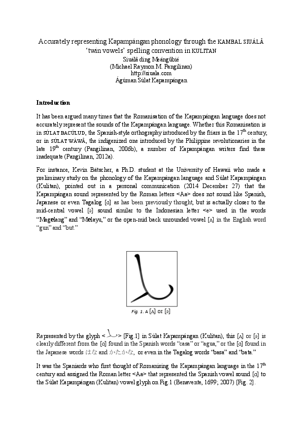 Pdf Accurately Representing Kapampángan Phonology Through The Kambal SiuÁl ‘twin Vowels