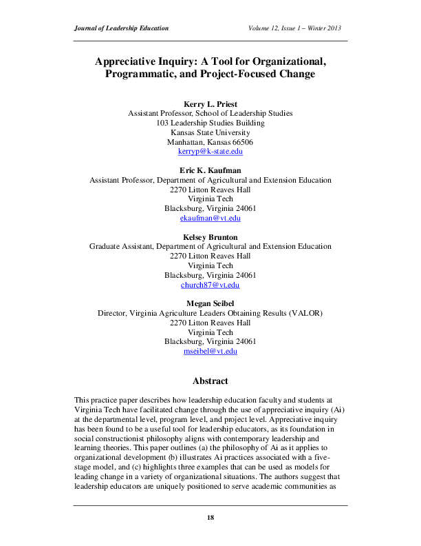 (PDF) Appreciative Inquiry: A Tool for Organizational, Programmatic ...