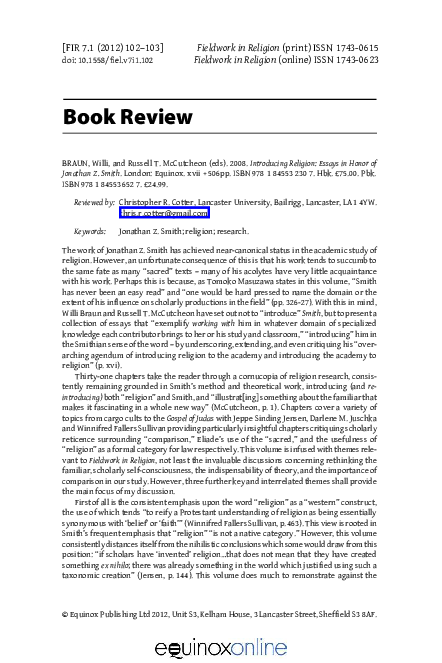 (PDF) Introducing Religion: Essays in Honor of Jonathan Z. Smith ...