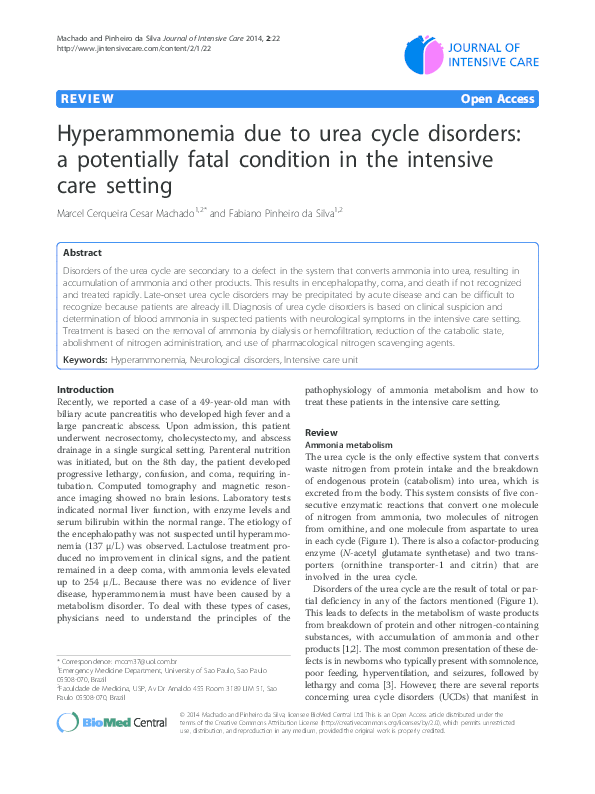 (PDF) Hyperammonemia due to urea cycle disorders: a potentially fatal ...