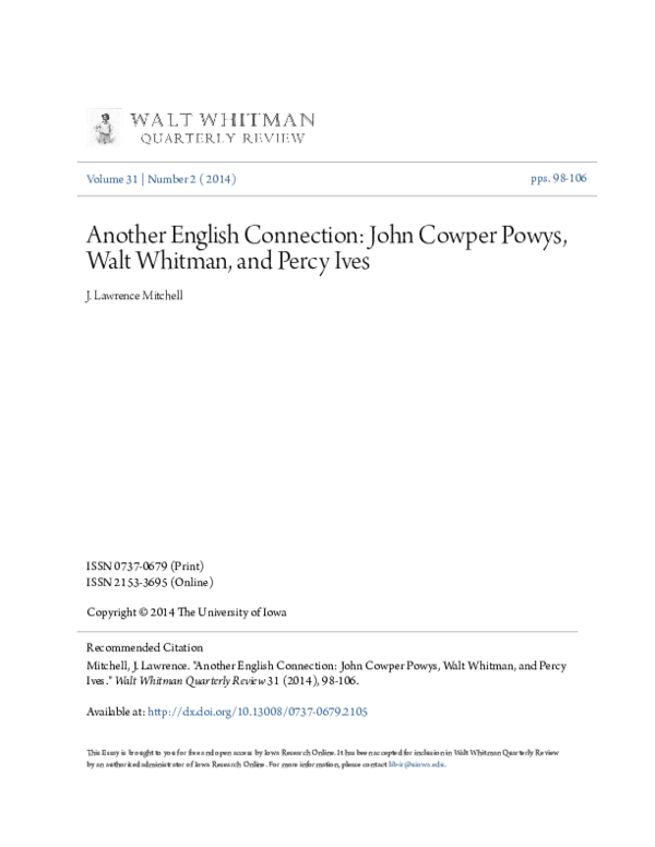 (PDF) Another English Connection: John Cowper Powys, Walt Whitman, and ...
