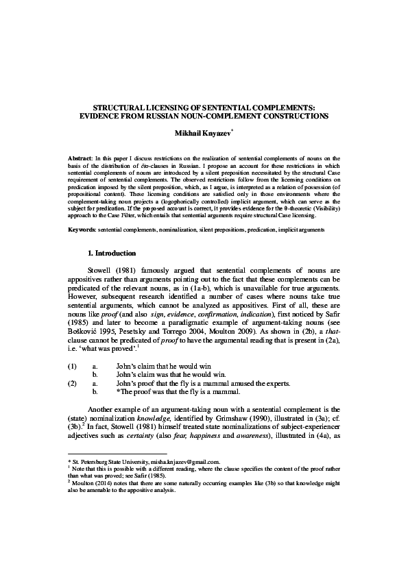 Structural licensing of sentential complements: Evidence from Russian ...