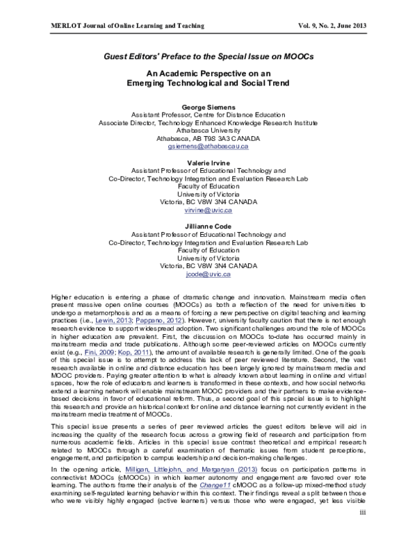 (PDF) Guest Editors' Preface to the Special Issue on MOOCs | Valerie ...