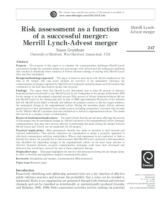 (PDF) Risk assessment as a function of a successful merger: Merrill ...