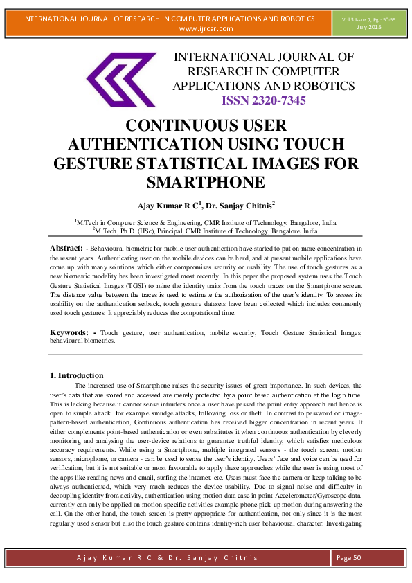 CONTINUOUS USER AUTHENTICATION USING TOUCH GESTURE STATISTICAL IMAGES FOR SMARTPHONE