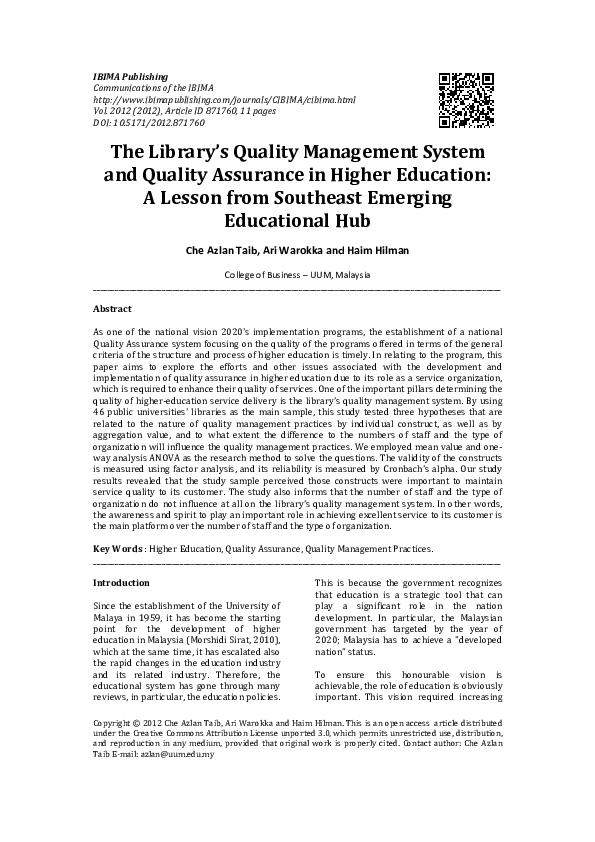 (PDF) The Library’s Quality Management System and Quality Assurance in ...