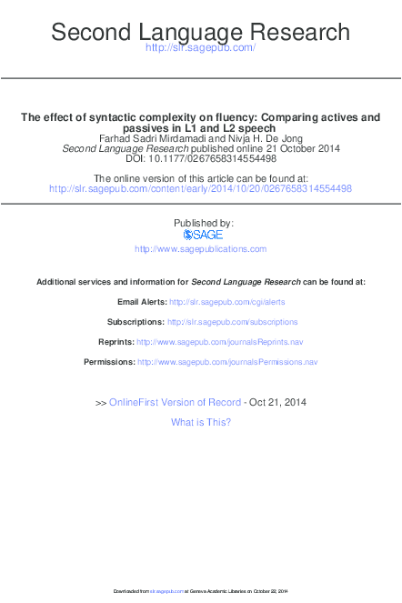 The Effect Of Syntactic Complexity On Fluency Comparing Actives And Passives In L1 And L2 Speech