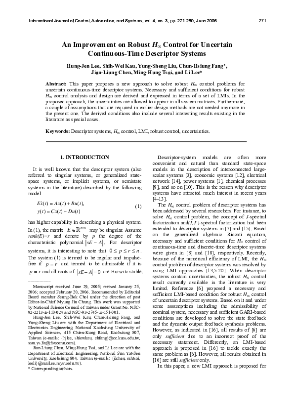 (PDF) An Improvement on Robust H∞ Control for Uncertain Continuous-Time Descriptor Systems