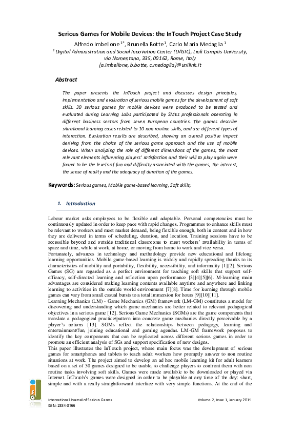(PDF) Serious Games for Mobile Devices: the InTouch Project Case Study