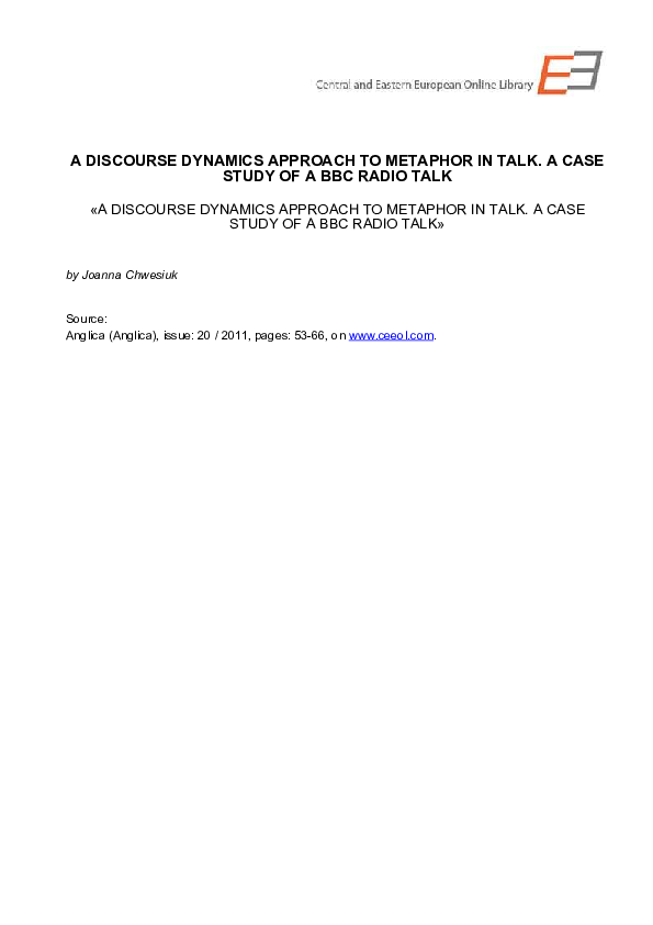 (PDF) A Discourse Dynamics Approach to Metaphor in Talk. A Case Study of a BBC Radio Talk