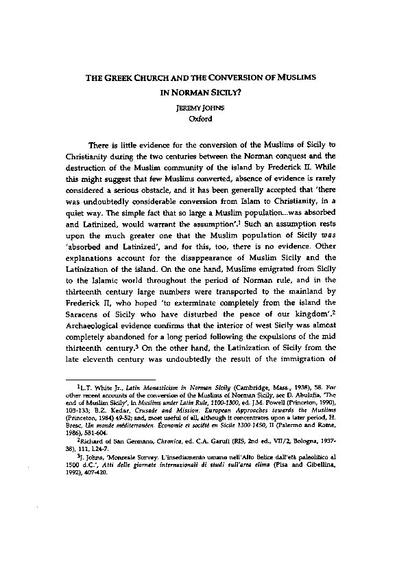 (PDF) 'The Greek Church and the Conversion of Muslims in Norman Sicily?'