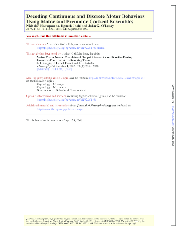 Pdf Using Motor And Premotor Cortical Ensembles Decoding Continuous And Discrete Motor Behaviors