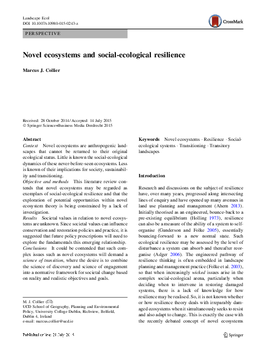 (PDF) Novel ecosystems and social-ecological resilience