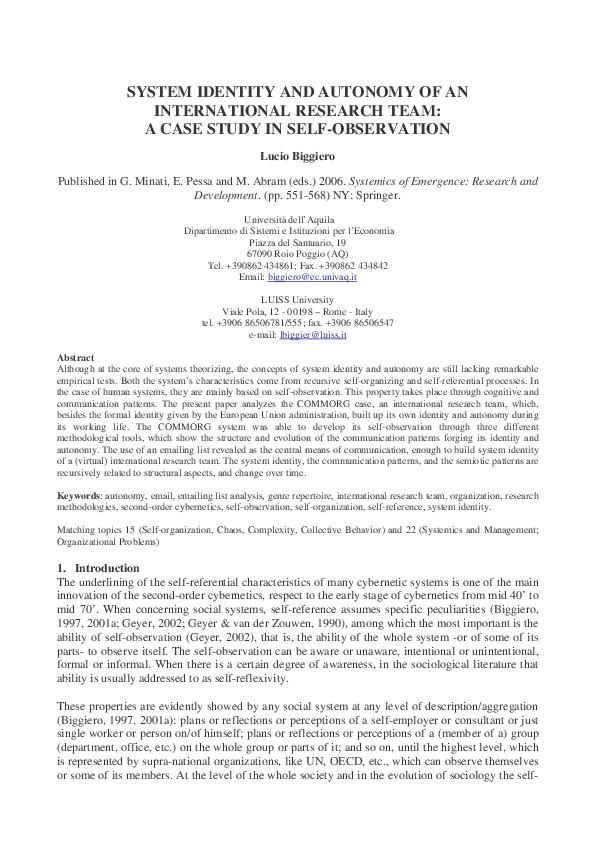 (PDF) SYSTEM IDENTITY AND AUTONOMY OF AN INTERNATIONAL RESEARCH TEAM: A ...