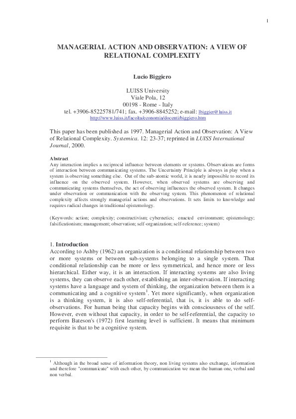 (PDF) MANAGERIAL ACTION AND OBSERVATION: A VIEW OF RELATIONAL COMPLEXITY