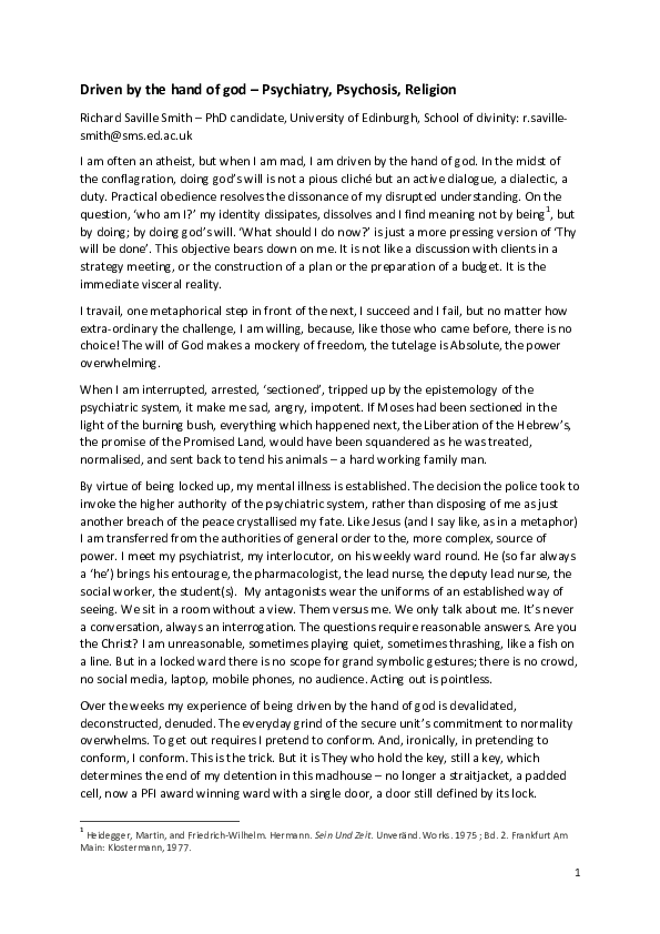 (PDF) Driven by the hand of god - pscyhiatry, psychosis, religion