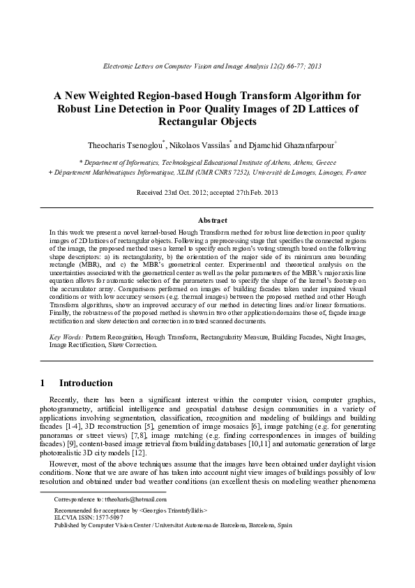 Pdf A New Weighted Region Based Hough Transform Algorithm For Robust Line Detection In Poor