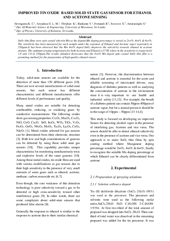 (PDF) IMPROVED TIN OXIDE BASED SOLID STATE GAS SENSOR FOR ETHANOL AND ...