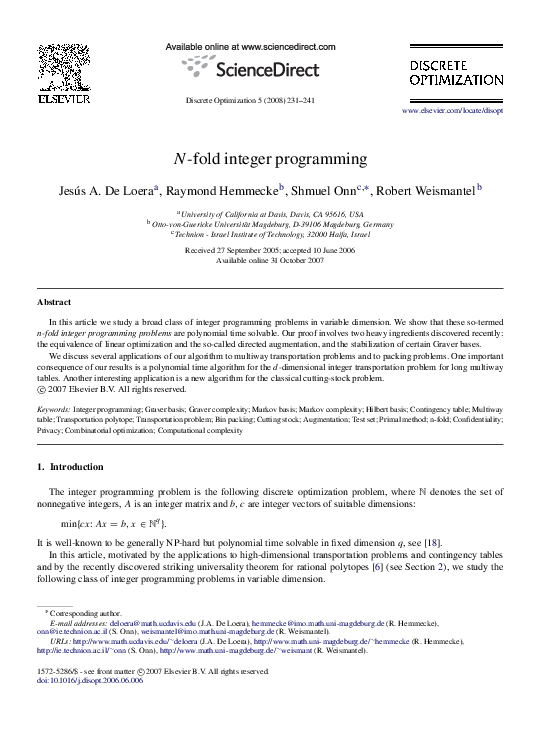 (PDF) N-Fold Integer Programming