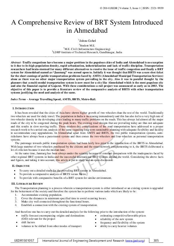 (PDF) A Comprehensive Review of BRT System Introduced in Ahmedabad