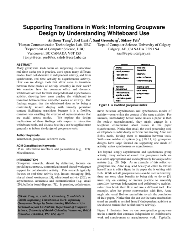 (PDF) Supporting Transitions in Work: Informing Groupware Design by Understanding Whiteboard Use