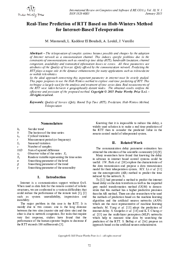 (PDF) Real-Time Prediction of RTT Based on Holt-Winters Method for Internet-Based Teleoperation