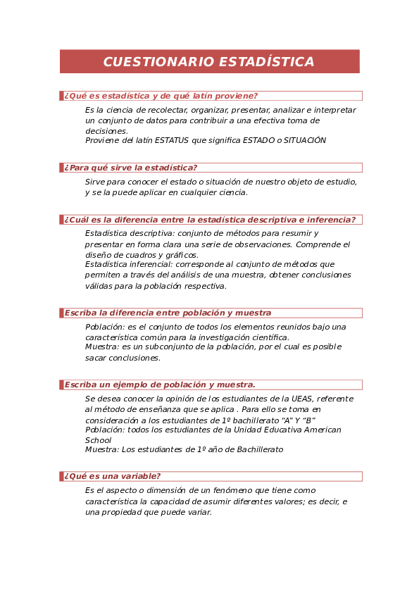 (DOC) CUESTIONARIO ESTADÍSTICA ¿Qué es estadística y de qué latín proviene