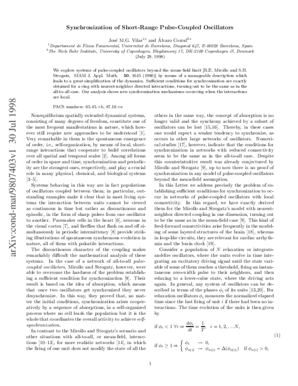 Pdf Synchronization Of Short Range Pulse Coupled Oscillators
