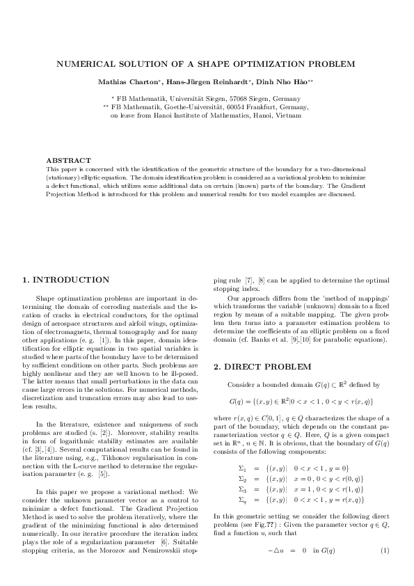 (PDF) NUMERICAL SOLUTION OF A SHAPE OPTIMIZATION PROBLEM