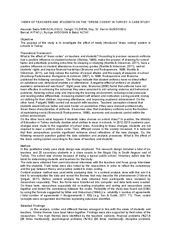 (DOC) VIEWS OF TEACHERS AND STUDENTS ON THE “DRESS CODES” IN TURKEY: A ...