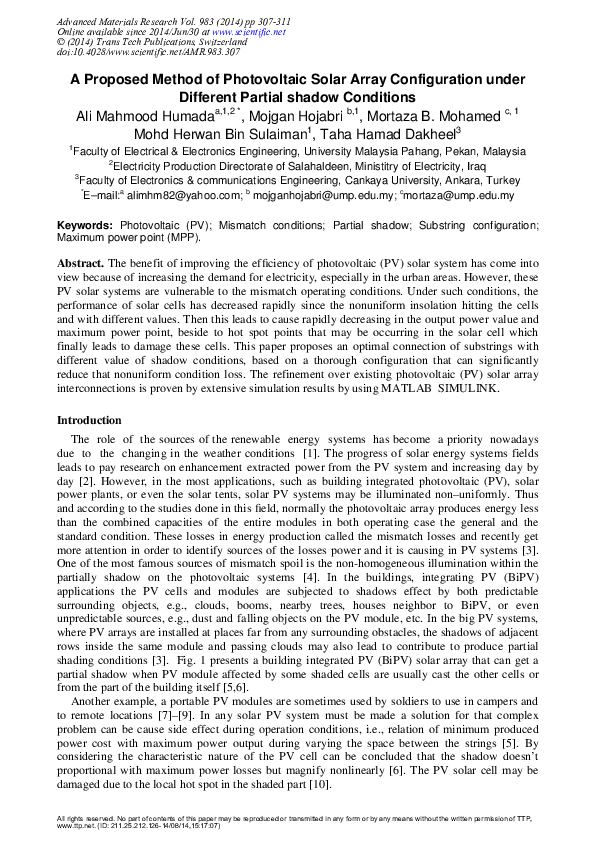 Pdf Improvement In The Power Generation Of A Pv Array Under Partial Shading Conditions