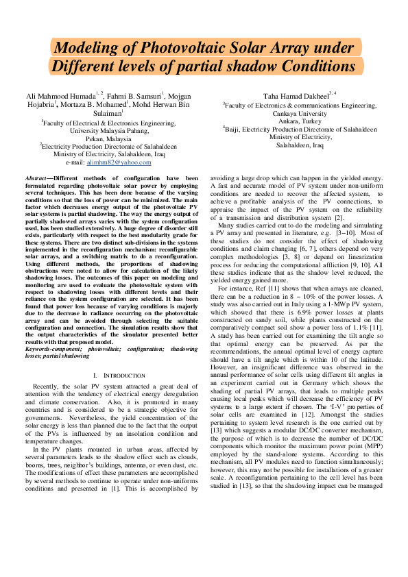 (PDF) Modeling of Photovoltaic Solar Array under Different levels of ...