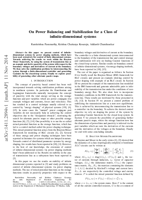 (PDF) On Power Balancing and Stabilization for a Class of infinite-dimensional systems