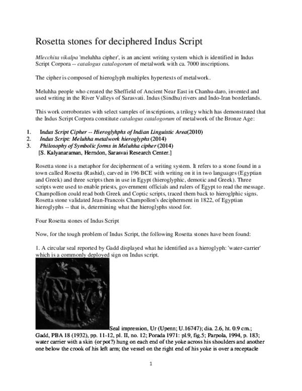 (PDF) Rosetta stones for deciphered Indus Script