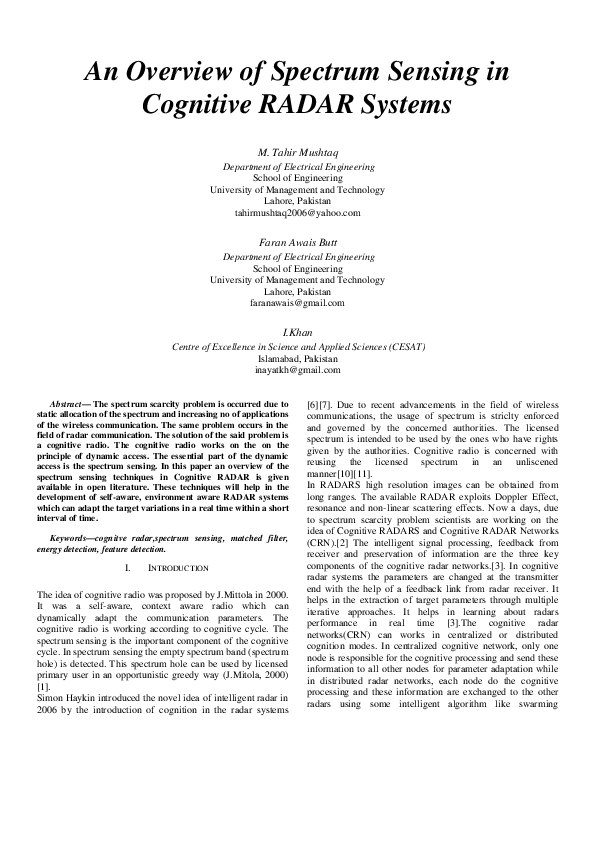 (PDF) An Overview of Spectrum Sensing in Cognitive RADAR Systems